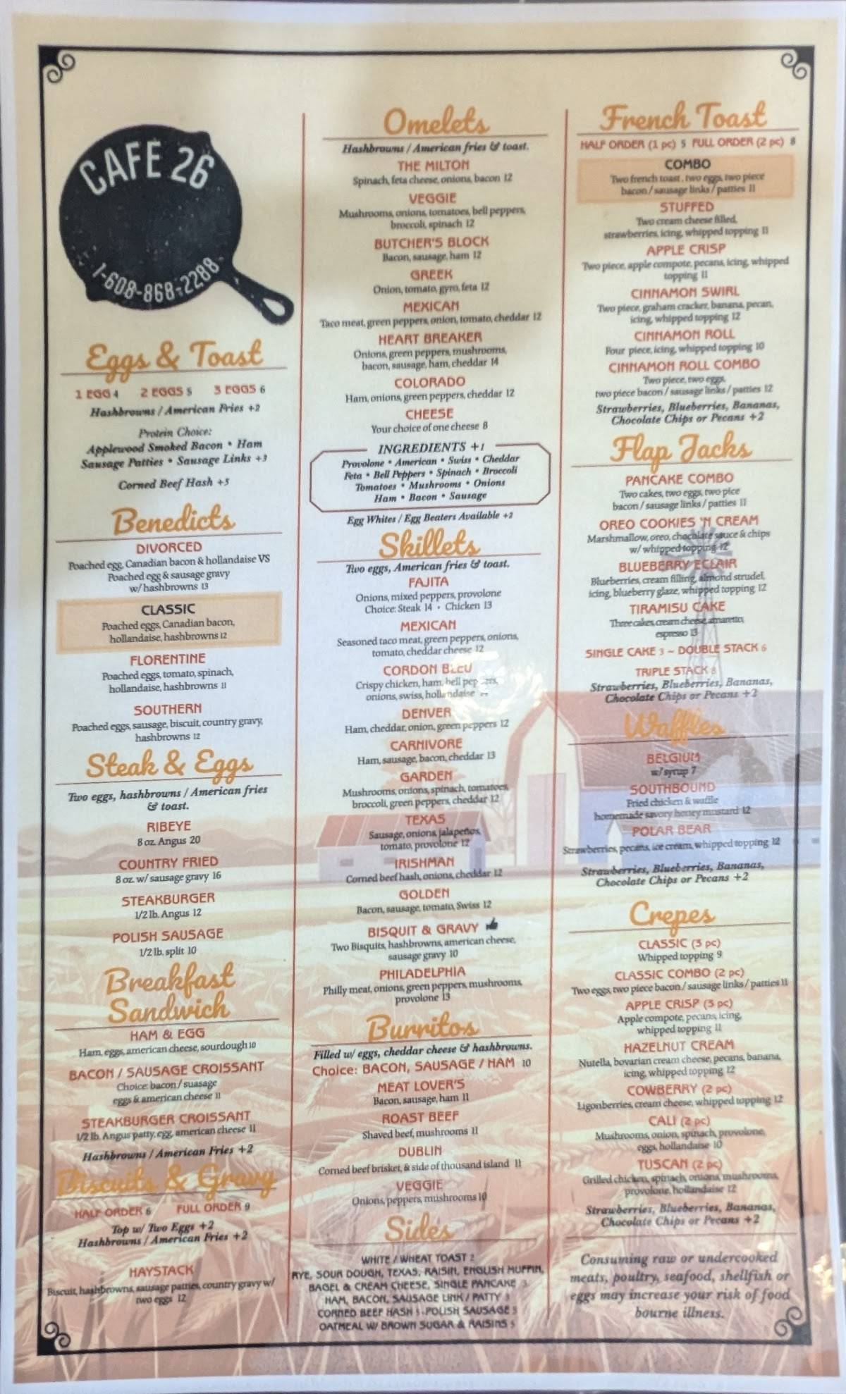 Menu at Cafe 26, Milton