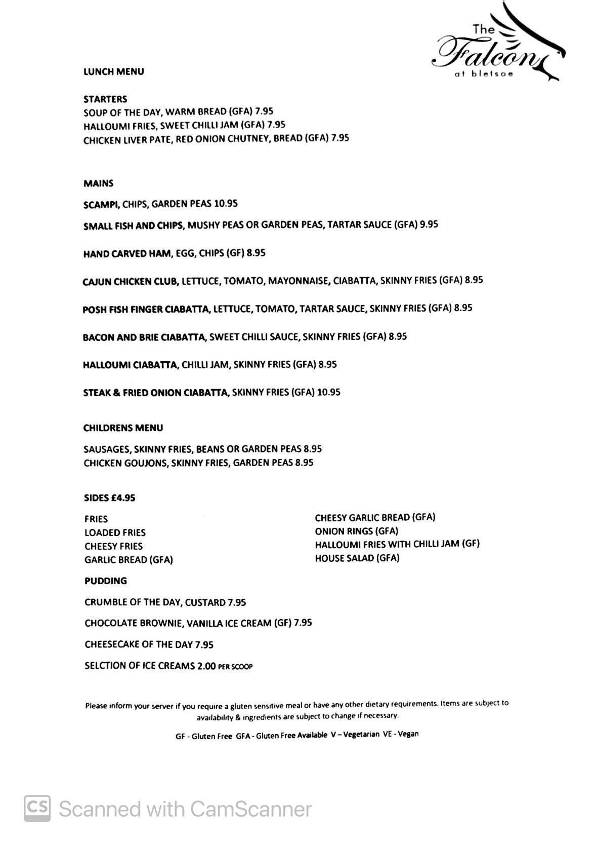 Menu at The Falcon at Bletsoe pub & bar, Milton Ernest