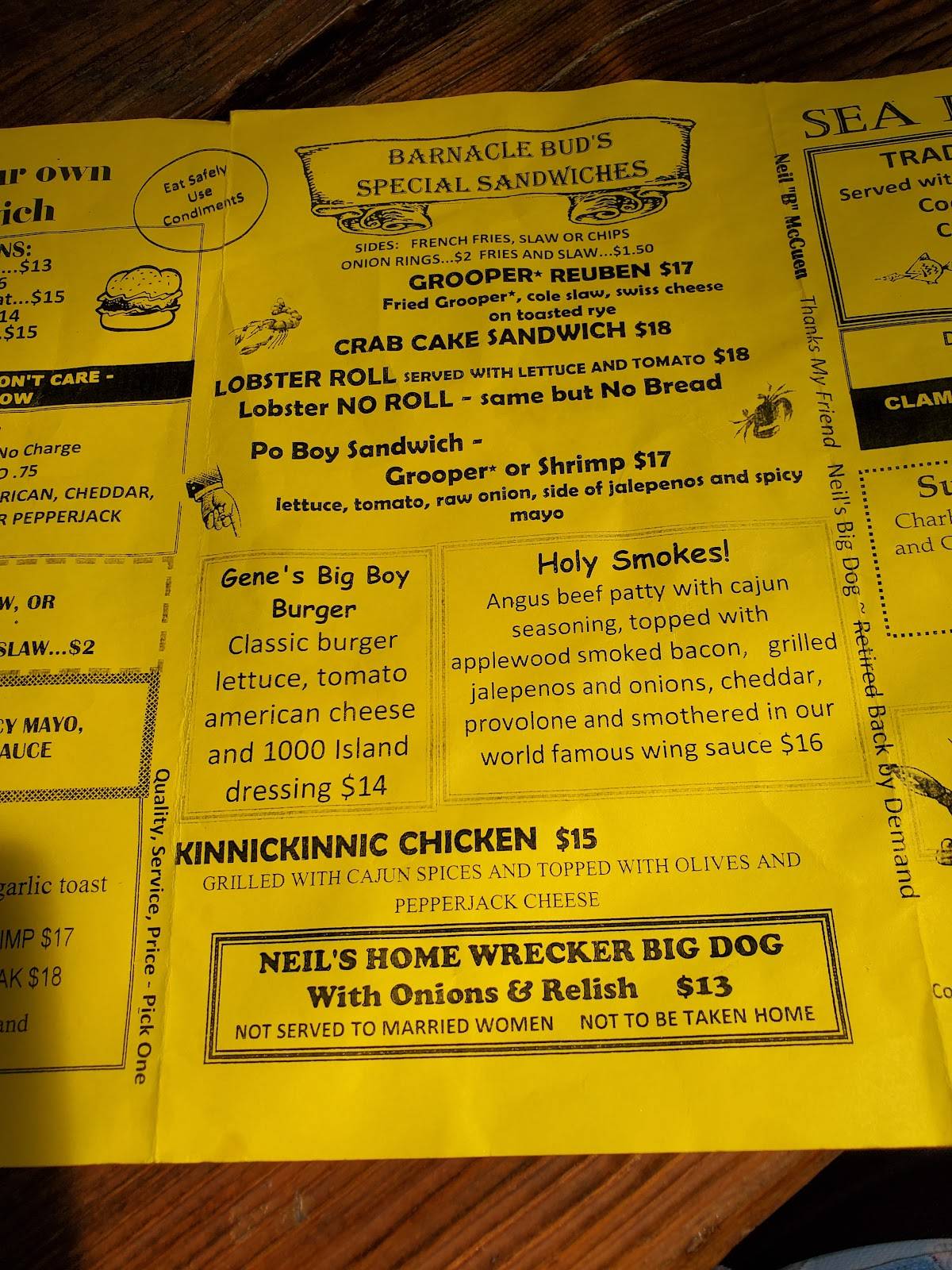 Menu at Barnacle Bud's, Milwaukee