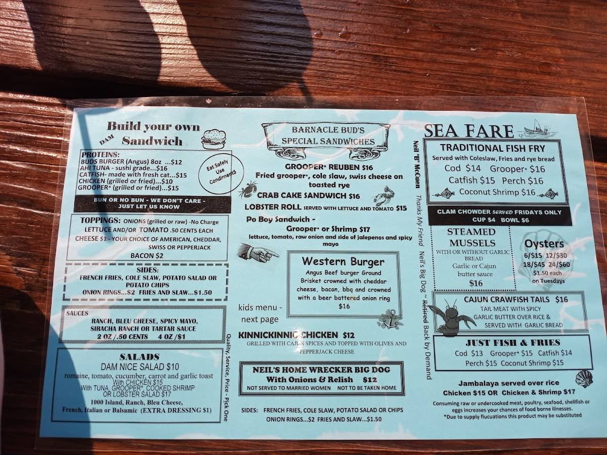 Menu at Barnacle Bud's, Milwaukee