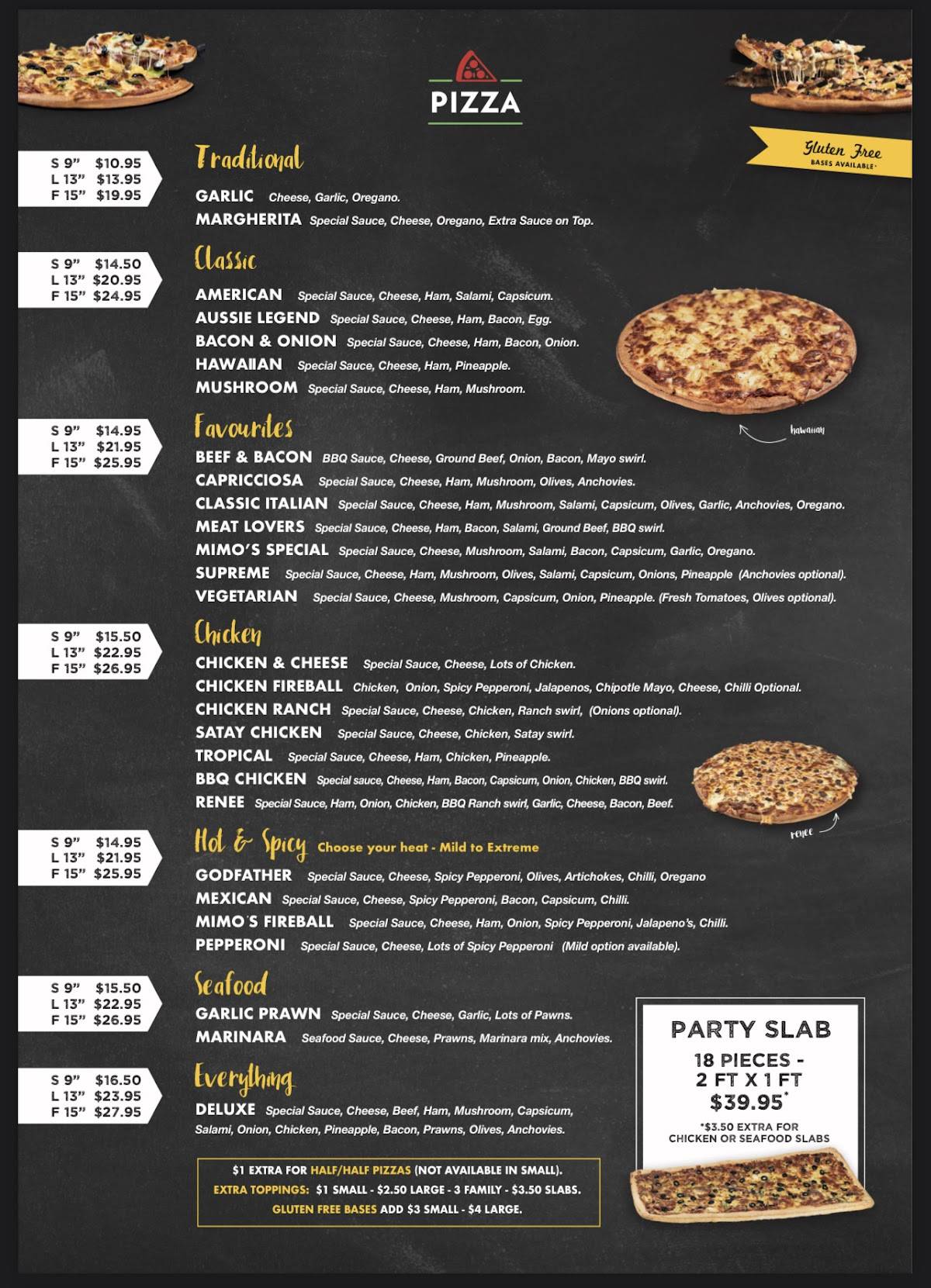 Menu at Mimos Pizza restaurant, Torquay, Shop 1/74 Bideford St