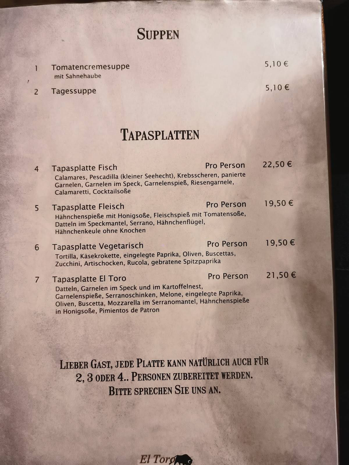 Speisekarte von El Toro restaurant, Minden