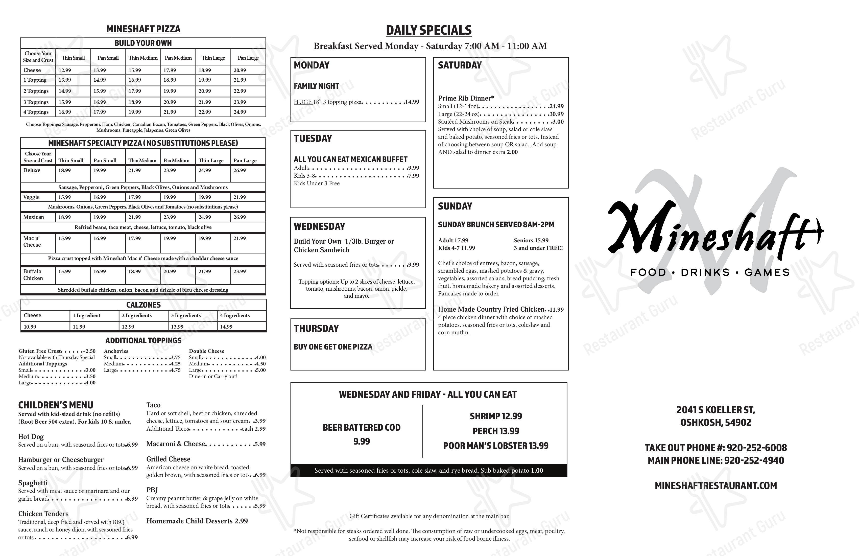 Menu at Mineshaft Oshkosh pub & bar, Oshkosh