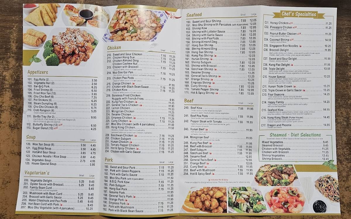 Menu at Ming's Garden restaurant, Marengo