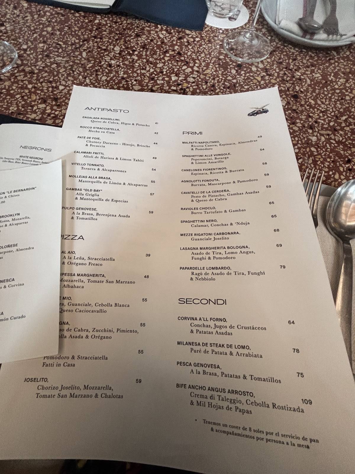 Carta del restaurante Rocco Trattoria, Miraflores