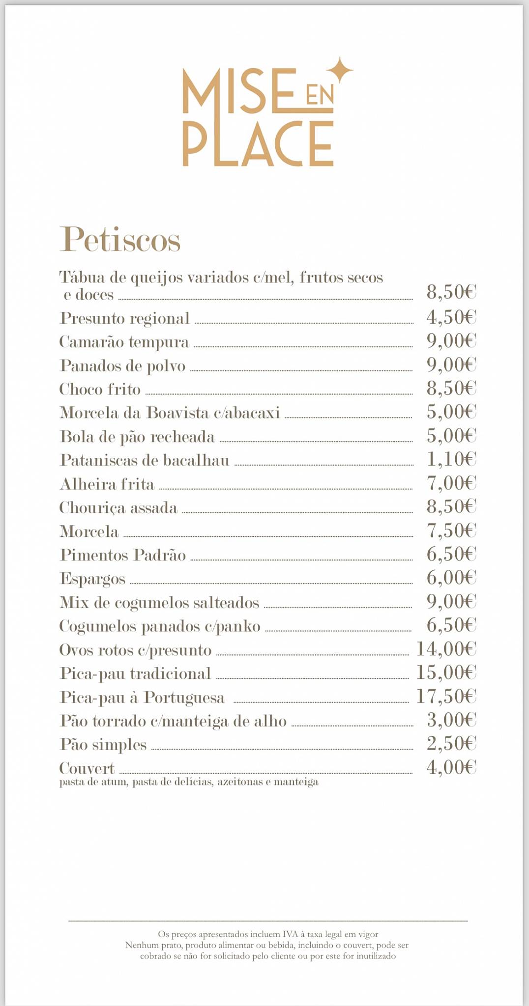Menu em Mise En Place - Petiscos, Steakhouse & Winebar, Marinha Grande