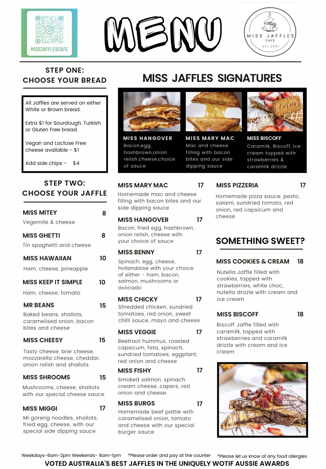 Menu at Miss Jaffles Cafe, Cronulla