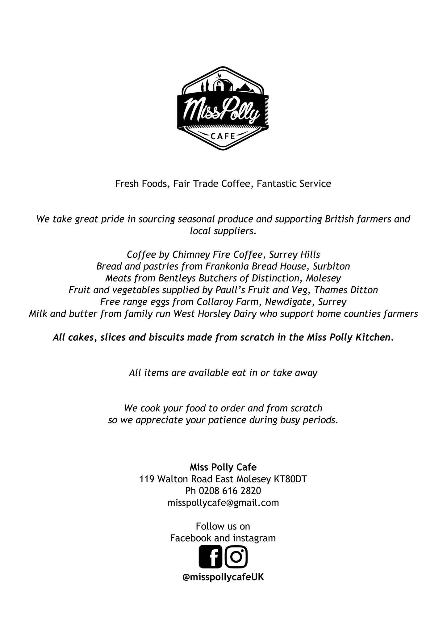 Menu at Miss Polly Riverside Cafe, East Molesey