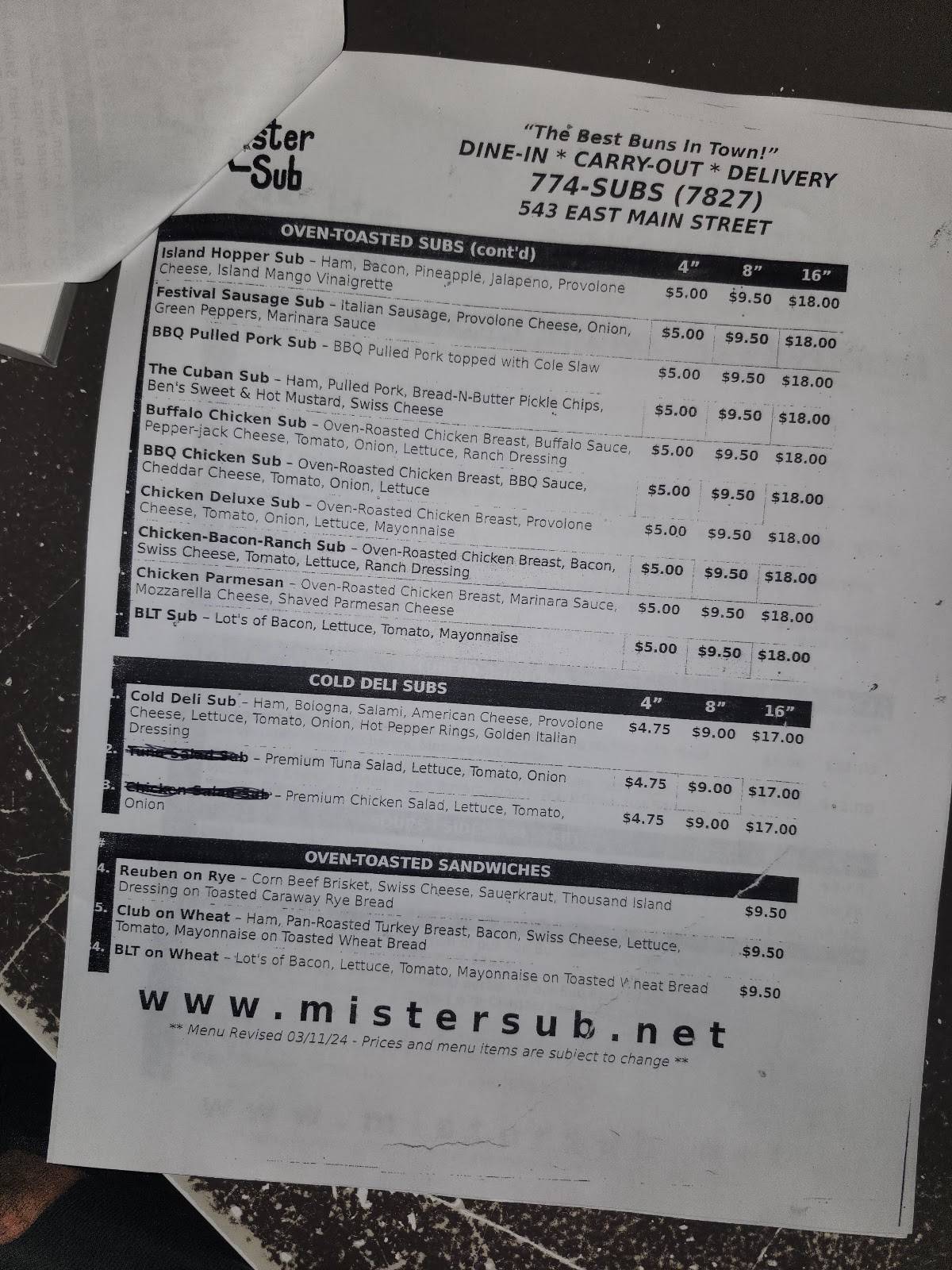 Menu at Mister Sub pizzeria, Chillicothe, 543 E Main St