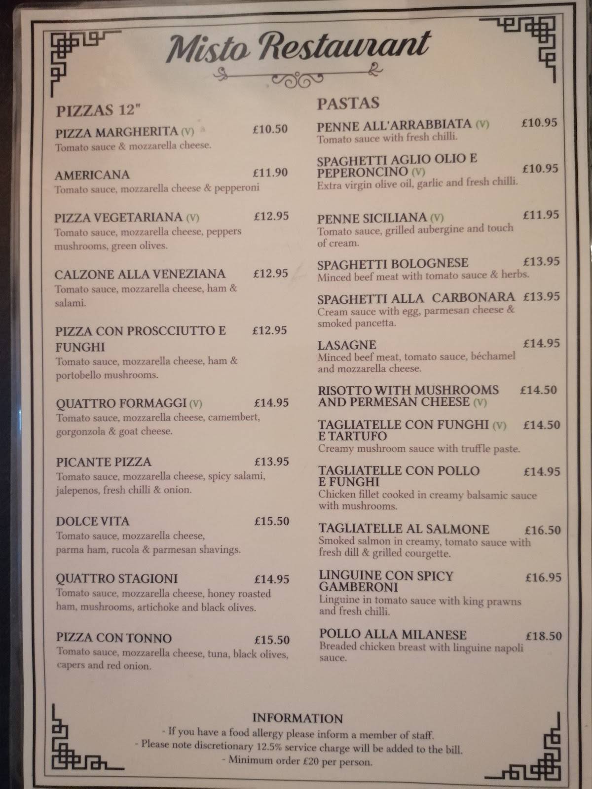 Menu at Misto restaurant, London, 7 Shepherd Market