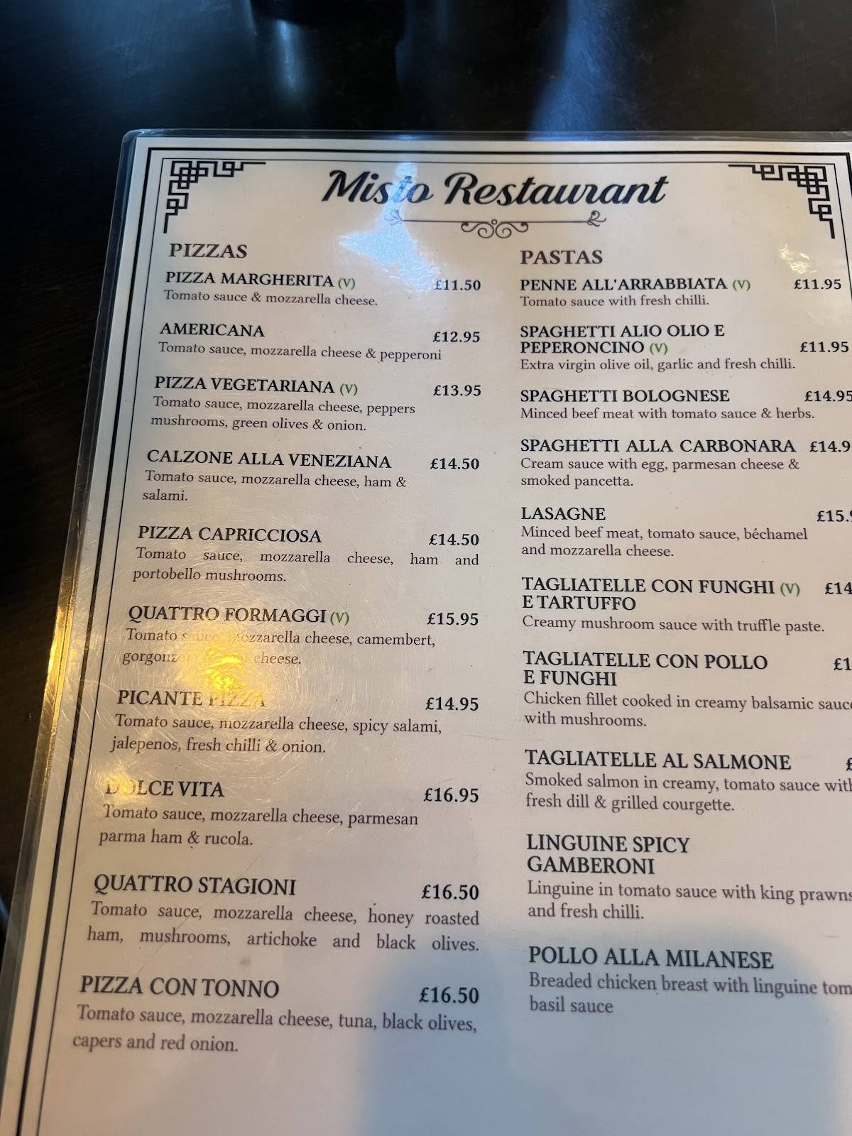 Menu at Misto restaurant, London, 7 Shepherd Market