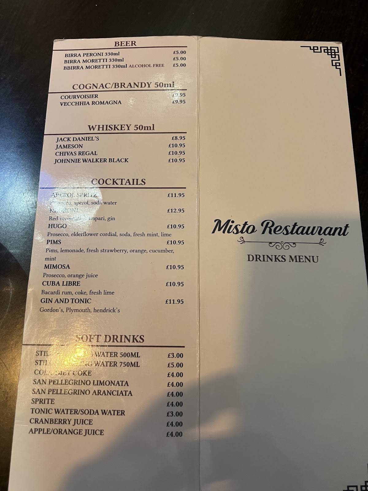 Menu at Misto restaurant, London, 7 Shepherd Market