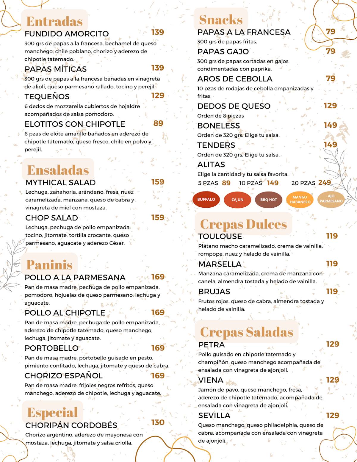 Menu at Mítico Amorcito restaurant, Zapopan