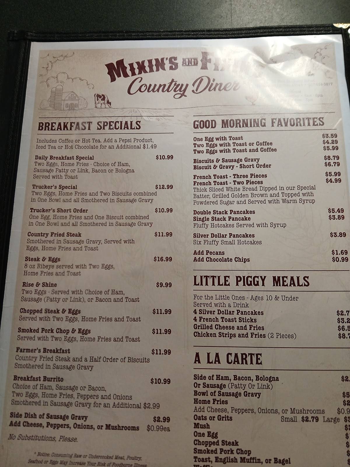 Menu at Mixin’s N Fixin’s Country Diner restaurant, Mechanicsburg
