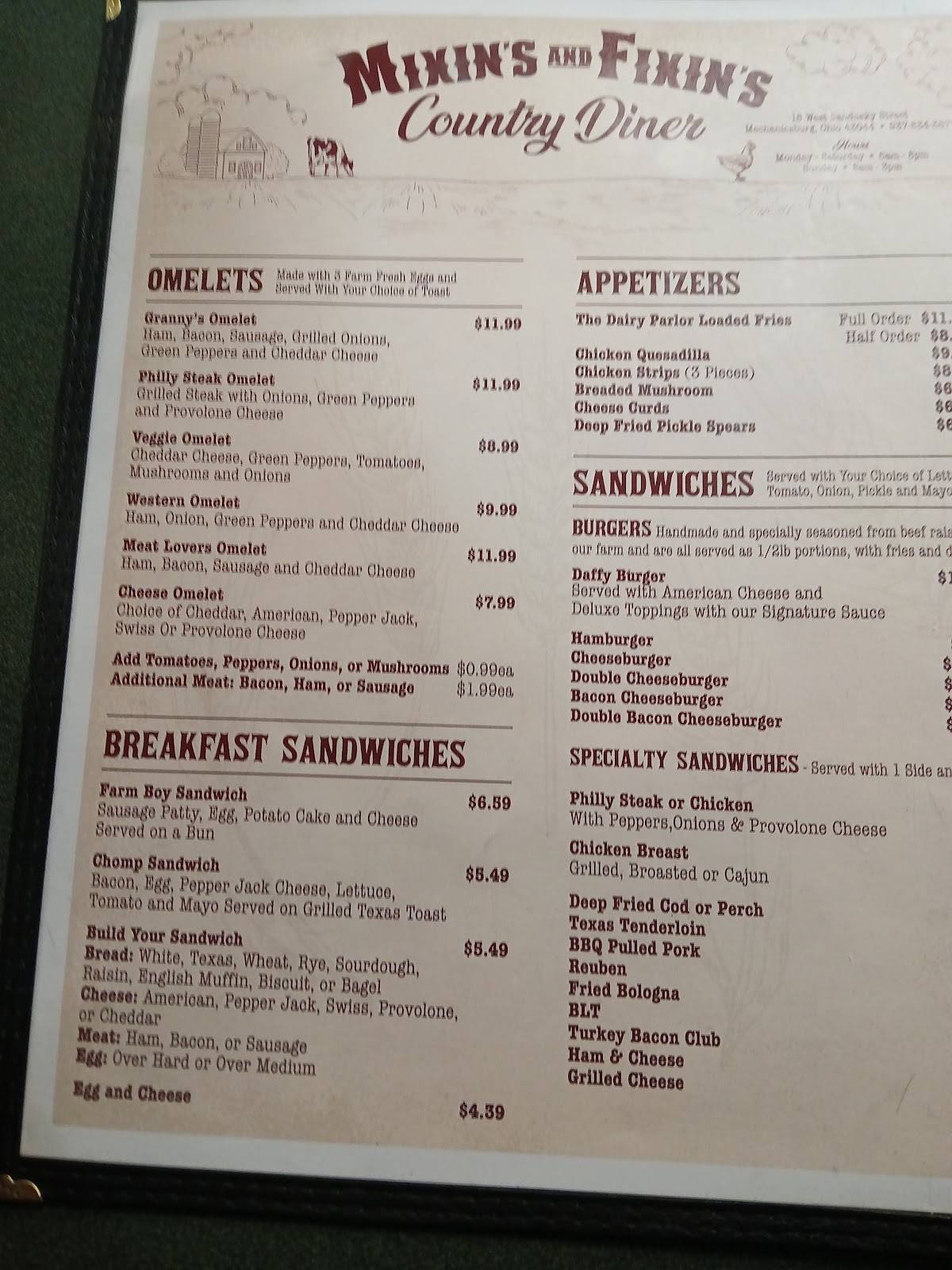 Menu at Mixin’s N Fixin’s Country Diner restaurant, Mechanicsburg
