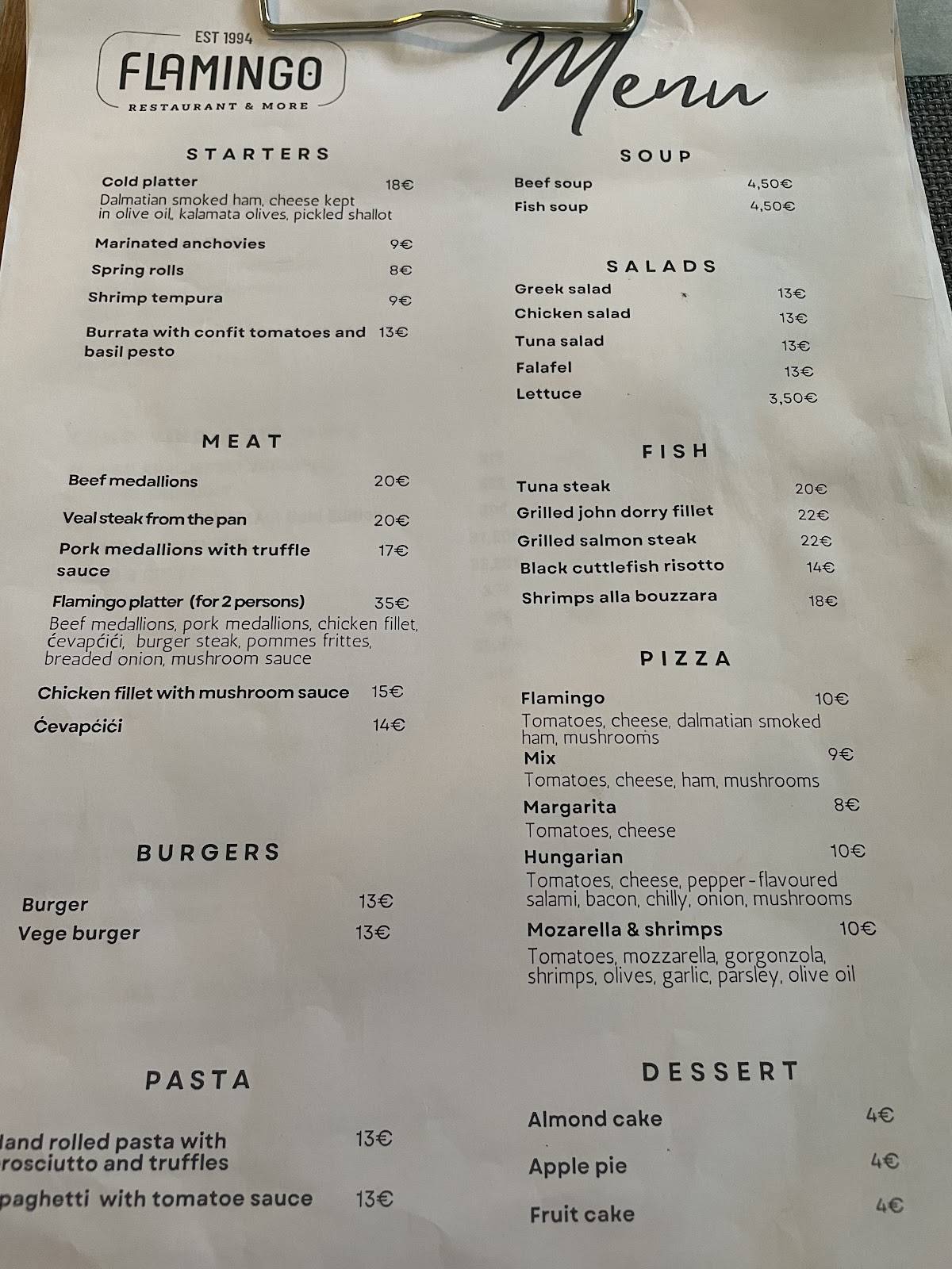 Menu at Flamingo restaurant, Mlini