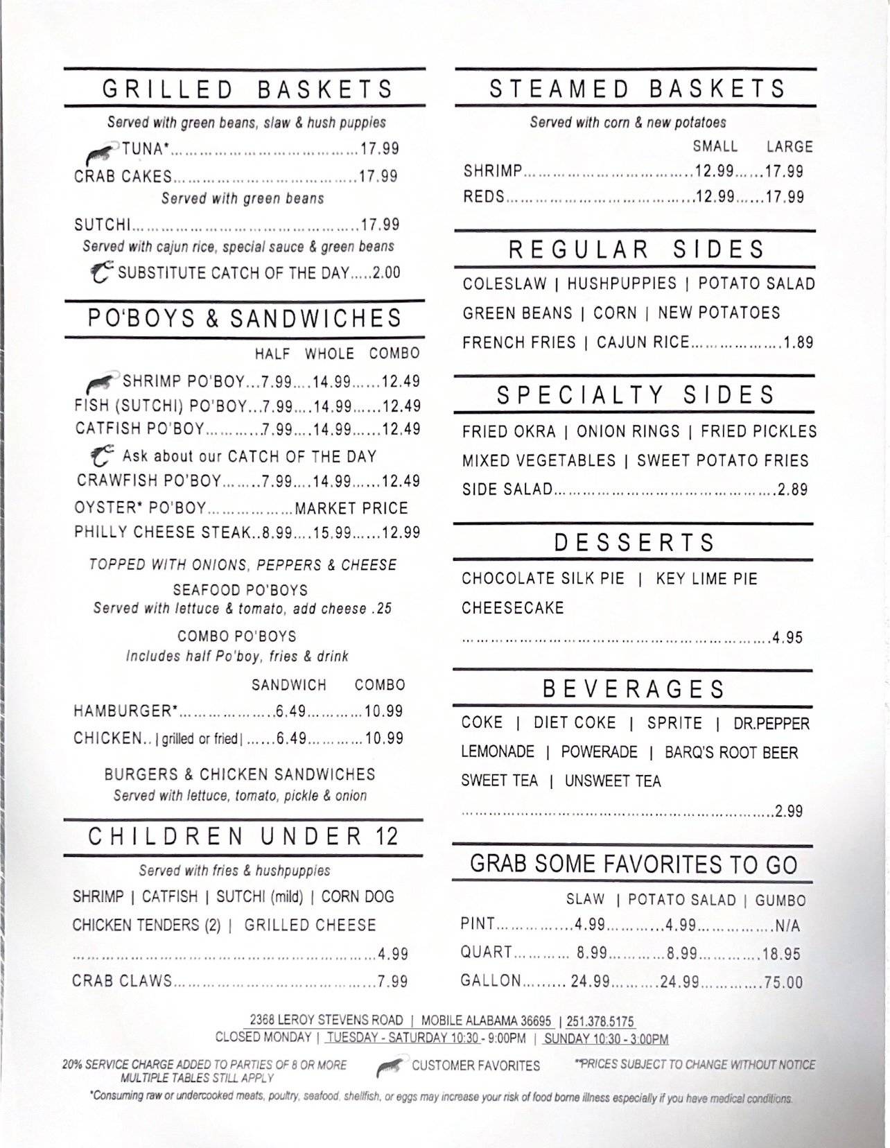 Menu at Kravers Seafood Mobile restaurant, Mobile
