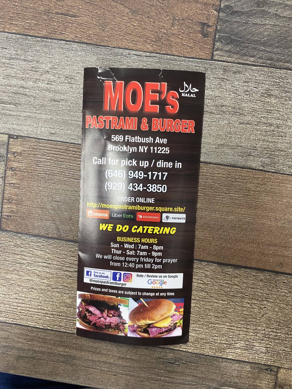 Menu at Moe's Pastrami & Burger restaurant, New York City, 569 Flatbush Ave