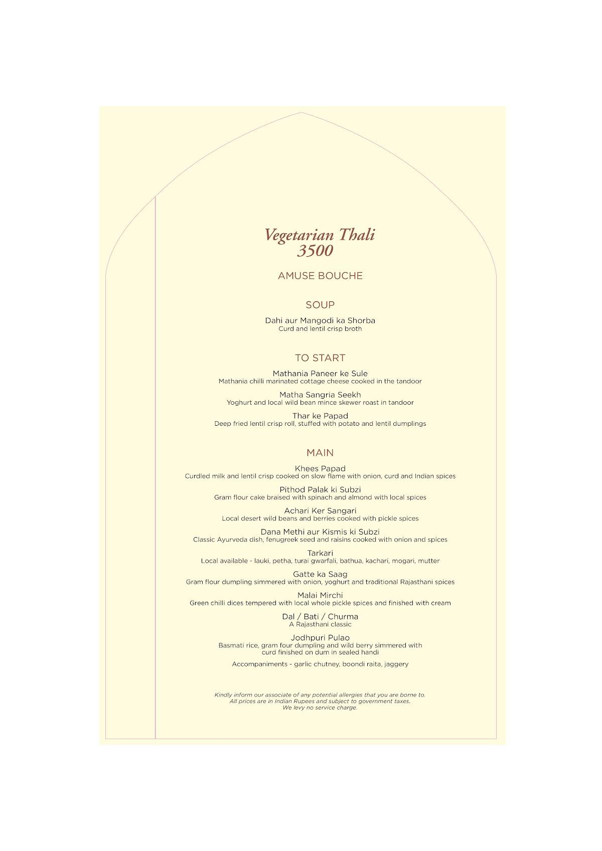 Menu at Mohan Mahal, Jaipur
