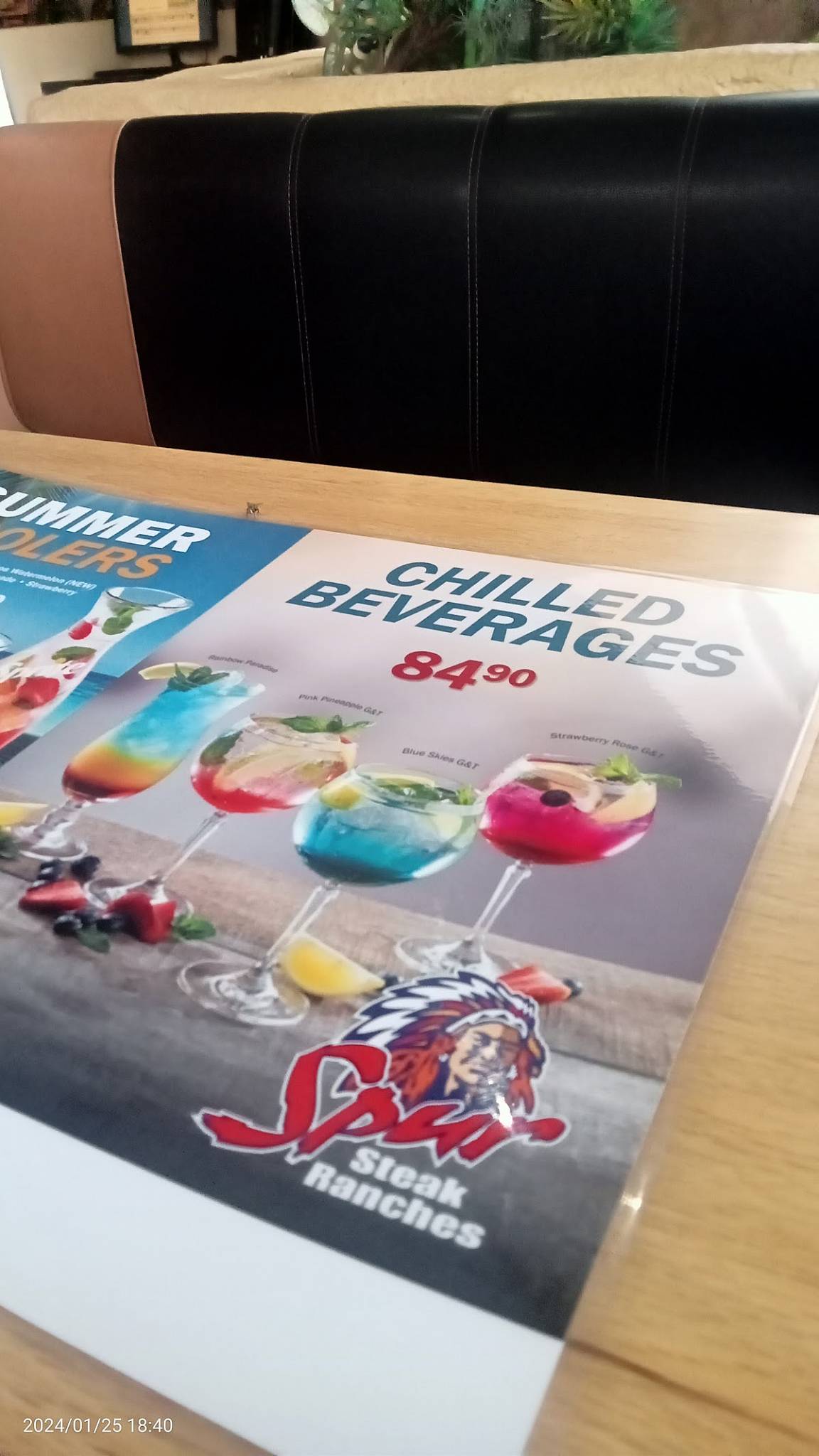 Menu at Mohawk Spur restaurant, Kimberley