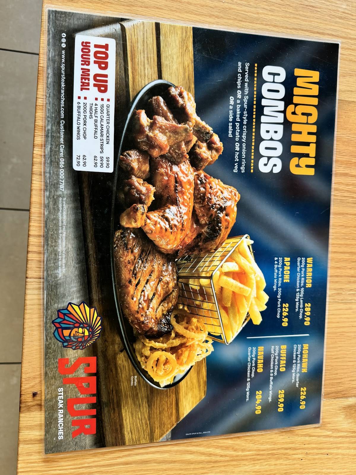 Menu at Mohican Spur restaurant, Sun City