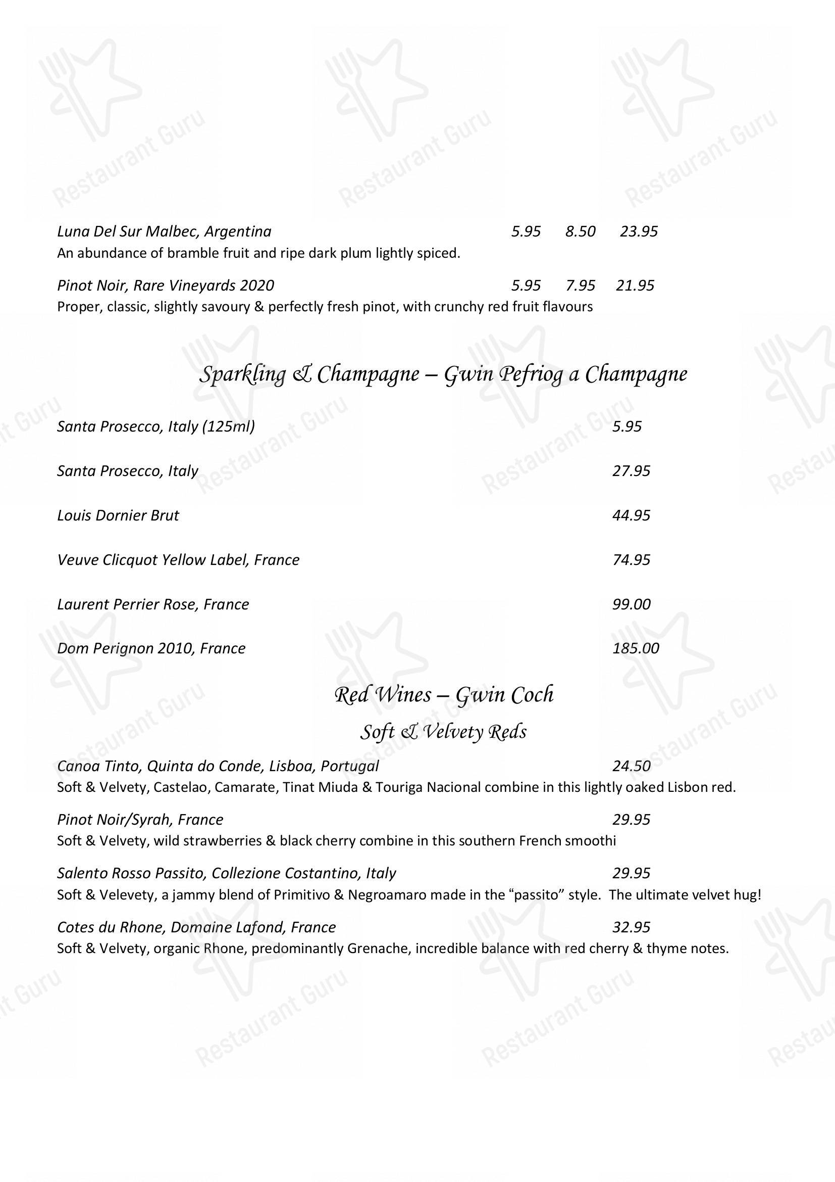 Menu at The Celtic Arms restaurant, Mold