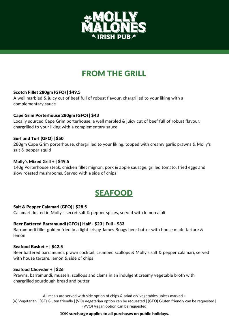 Menu at Molly Malones Irish Pub, Devonport