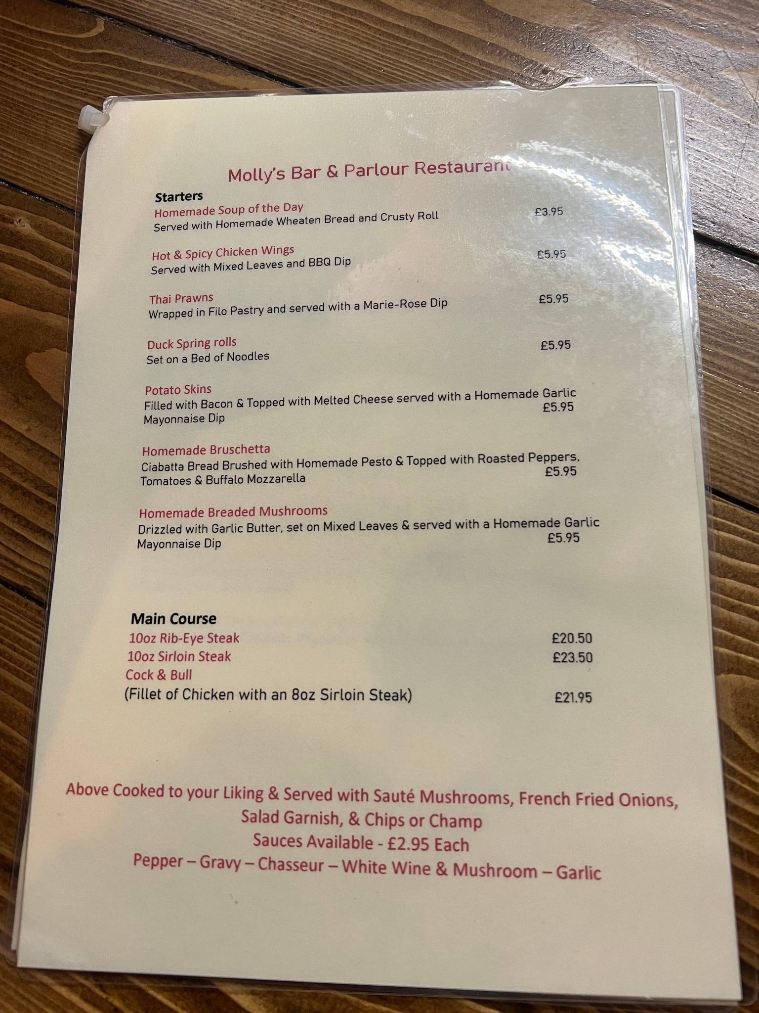 Menu at Molly's Bar, Irvinestown