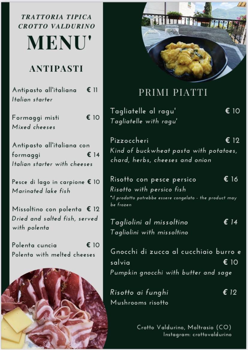 Menu at Crotto Valdurino restaurant, Moltrasio