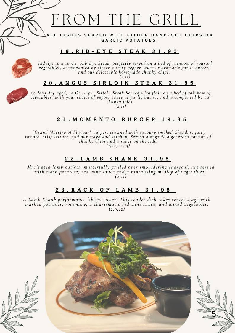 Menu at Momento restaurant, Dublin, 8/9 Camden Street Upper
