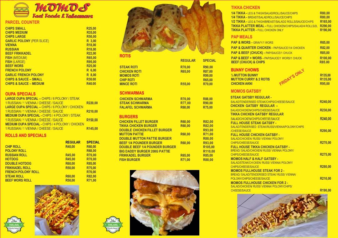 Menu at Momos Fast Foods & Takeaways, Johannesburg