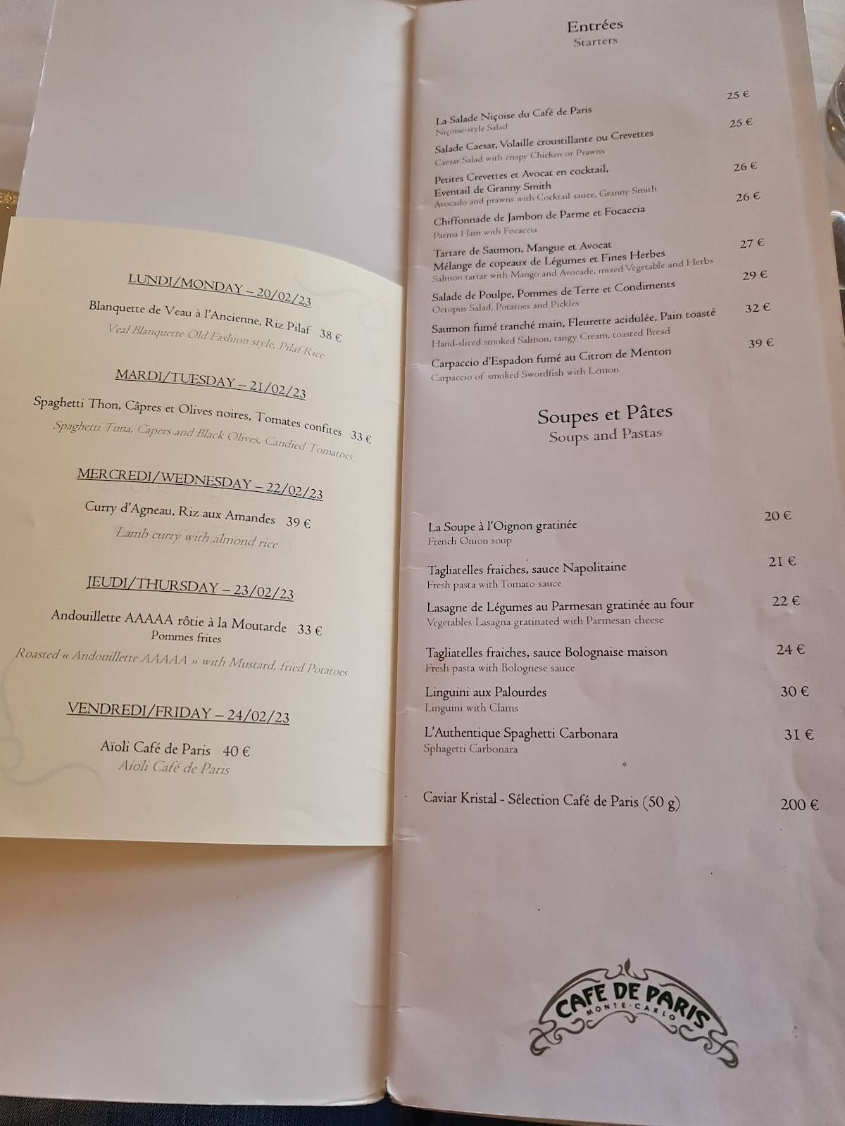 Menu au Café de Paris Monte-Carlo, Monaco