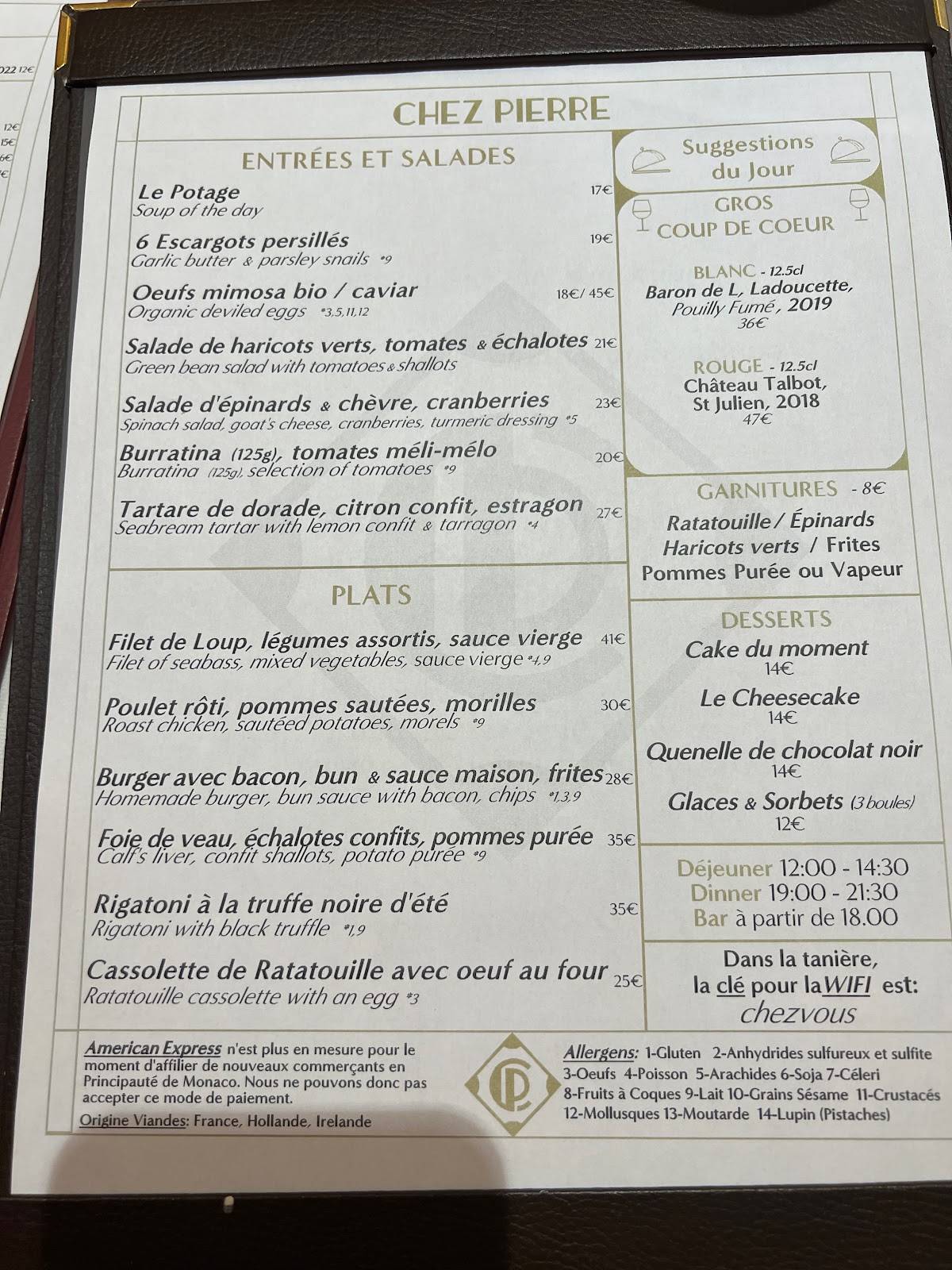Speisekarte von Chez Pierre Monte-Carlo - Restaurant & Bar, Monaco-Ville