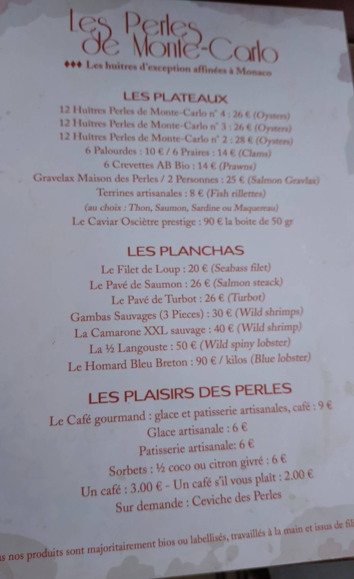 Menu at The Pearls of Monte-Carlo restaurant, Monaco-Ville