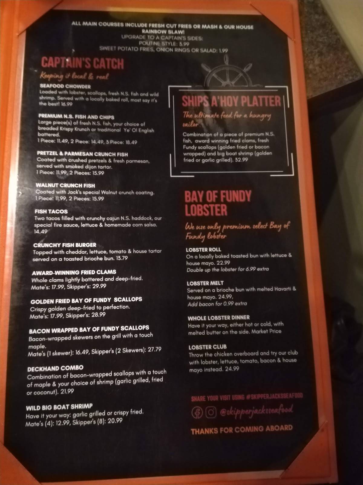 Menu at Skipper Jack's Maritime Restaurant, Moncton