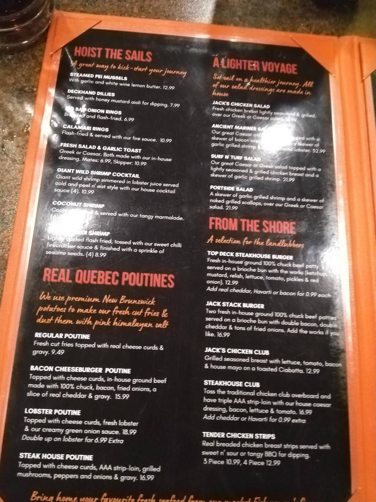 Menu at Skipper Jack's Maritime Restaurant, Moncton