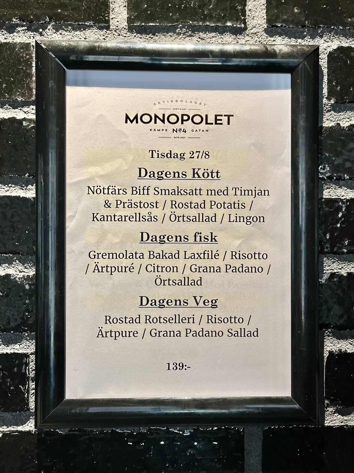Menu at Monopolet restaurant, Gothenburg