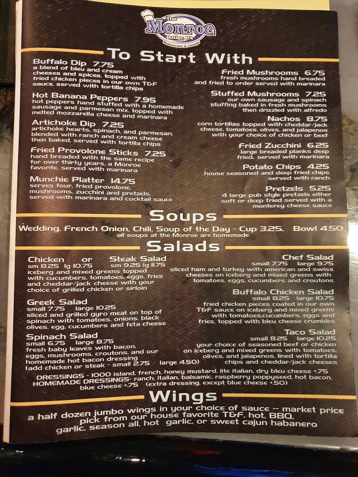 Menu at Monroe Hotel pub & bar, Butler