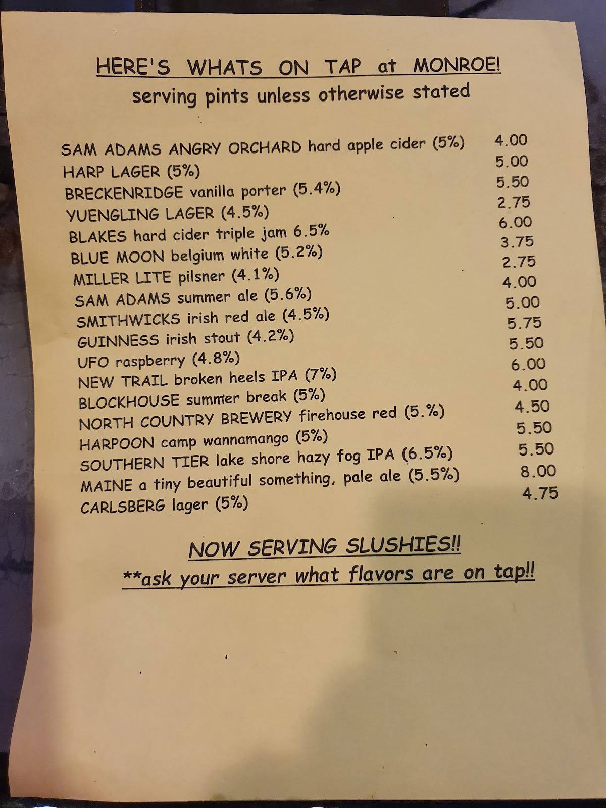 Menu at Monroe Hotel pub & bar, Butler