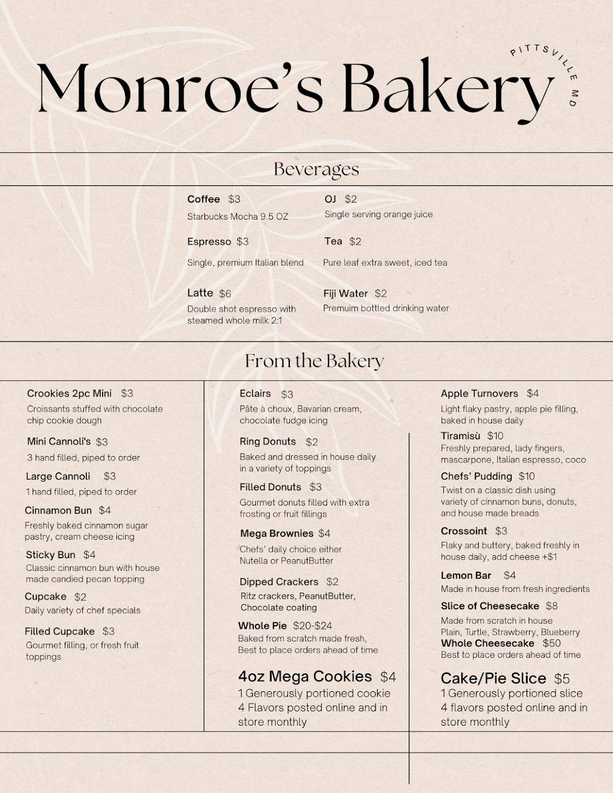 Menu at Monroe’s Bakery, Pittsville