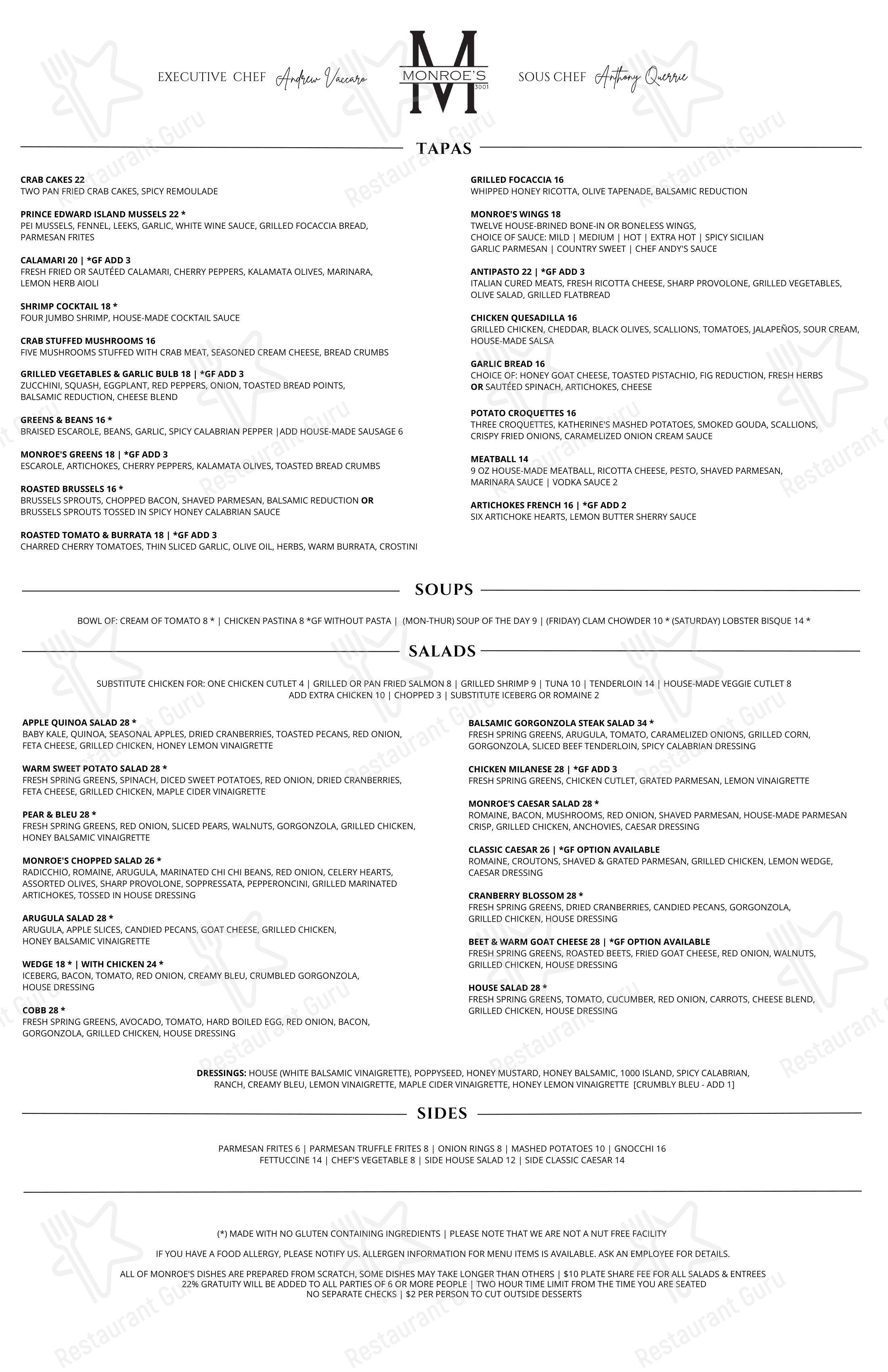 Menu at Monroes Restaurant, Rochester