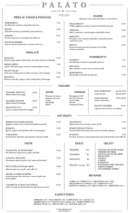 Menu at Palato restaurant, Montclair