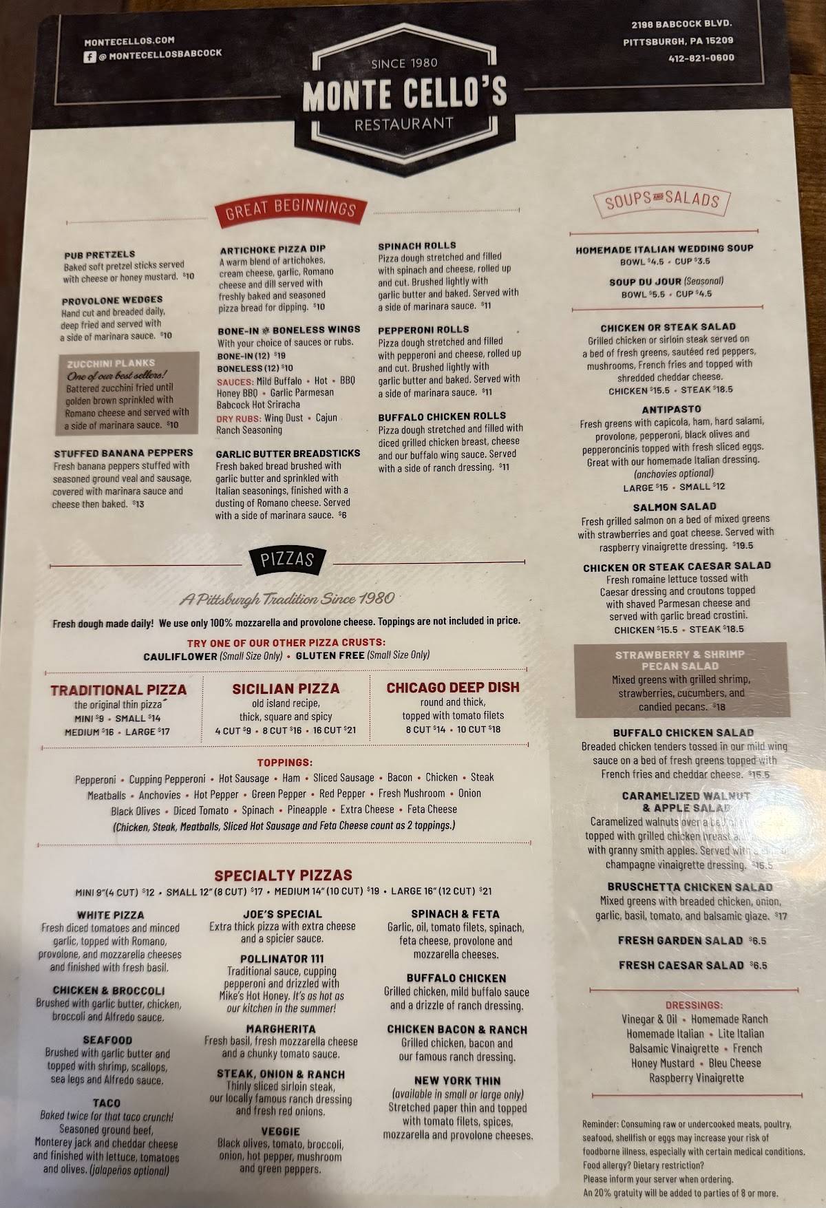 Menu at Monte Cello's Italian Restaurant, Pittsburgh, Babcock Blvd