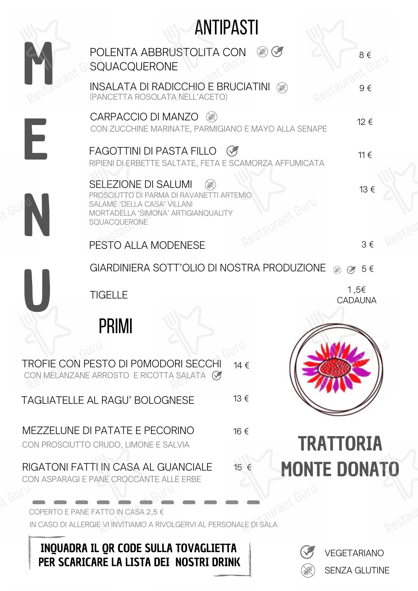 Menu at Monte Donato restaurant, Bologna