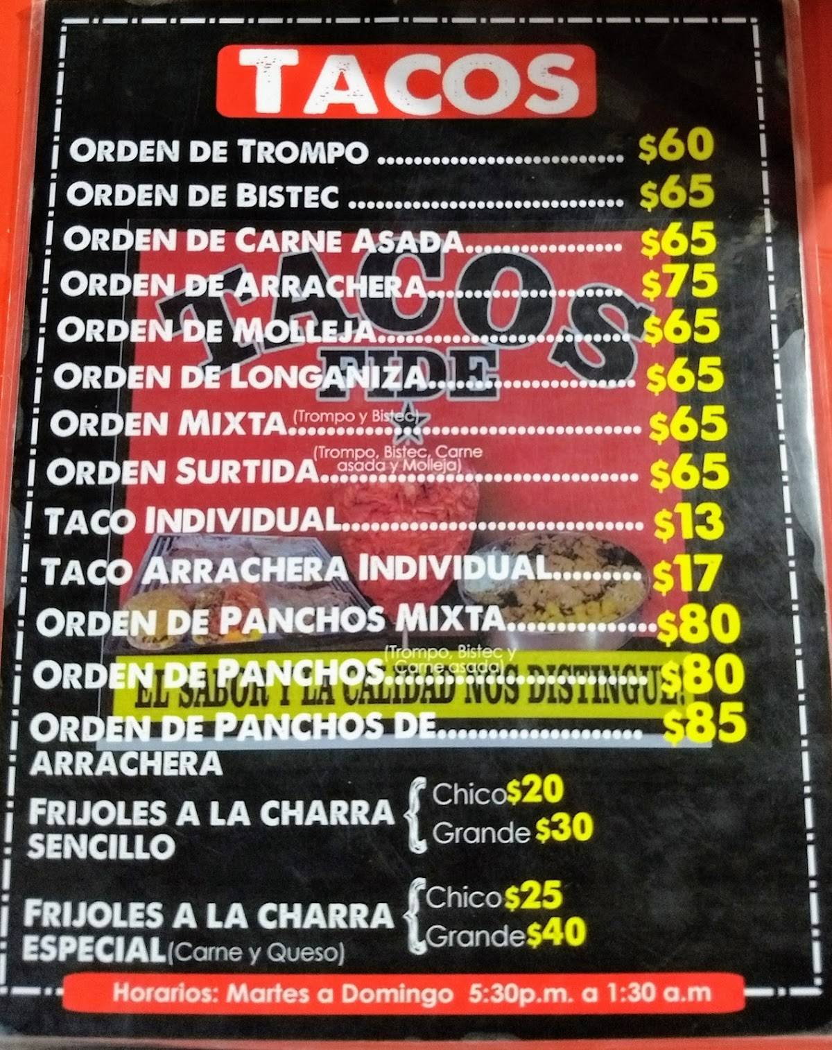 Carta del restaurante Tacos Fide, Monterrey, C. Altamisa 320
