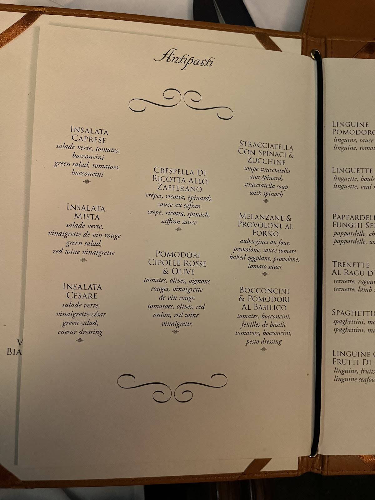 Menu au Café Il Cortile, Montréal