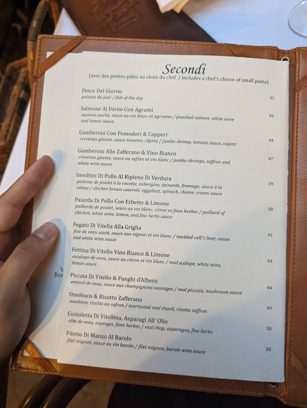 Menu au Café Il Cortile, Montréal