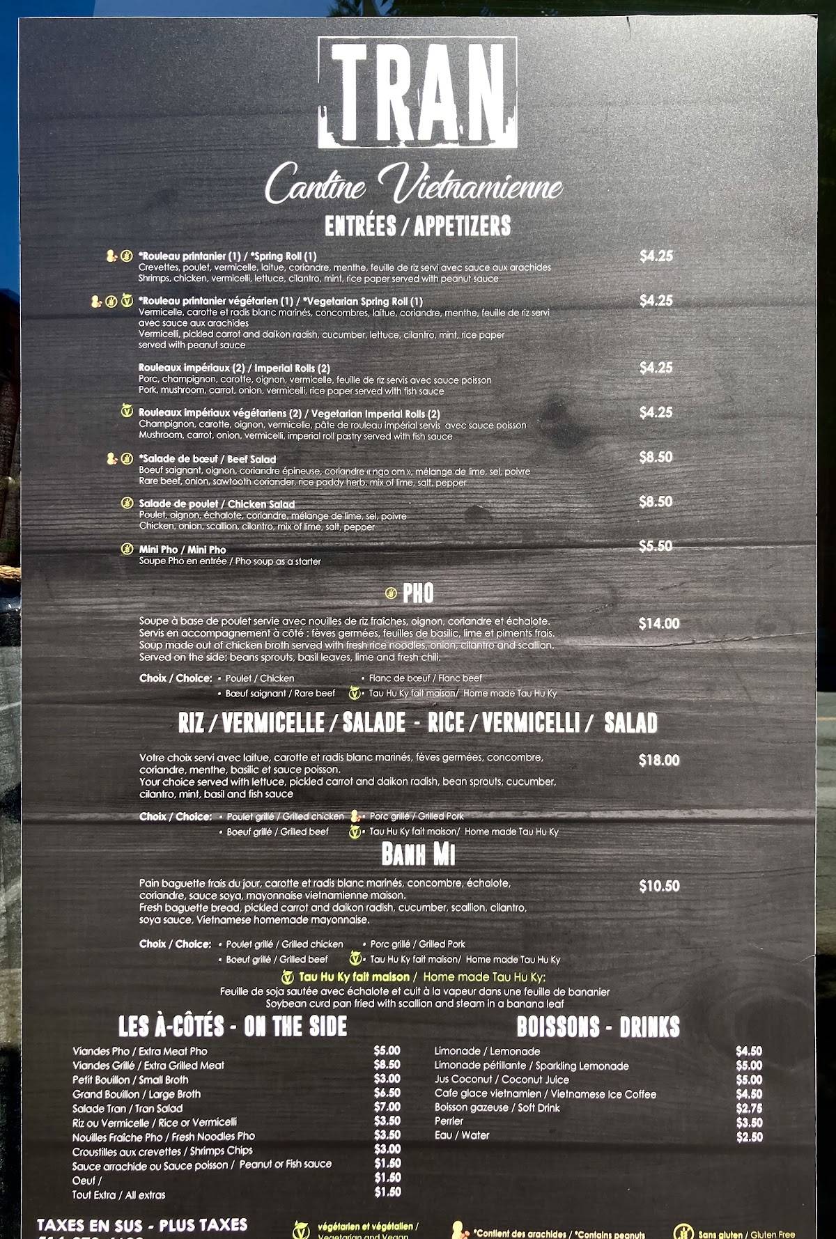 Menu at TRAN Cantine Vietnamienne restaurant, Montréal, Notre-Dame St W