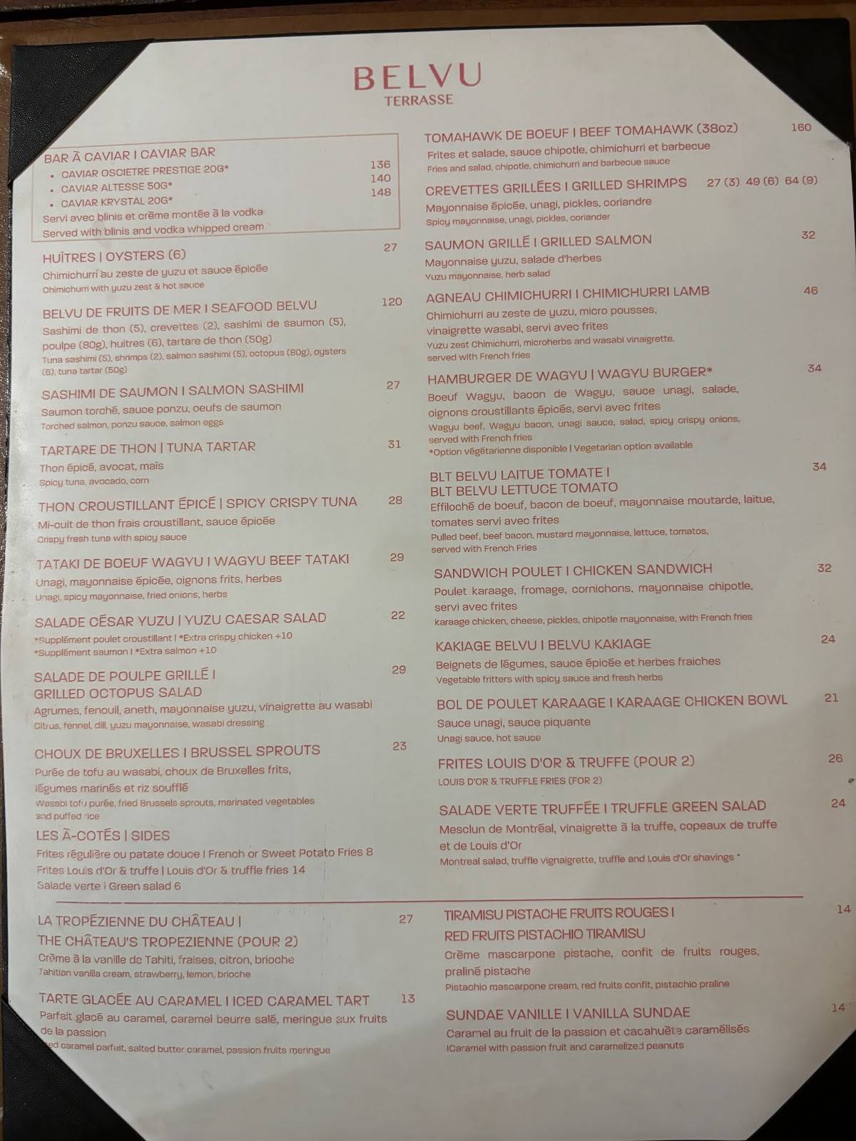 Menu at Terrasse Belvu restaurant, Montréal