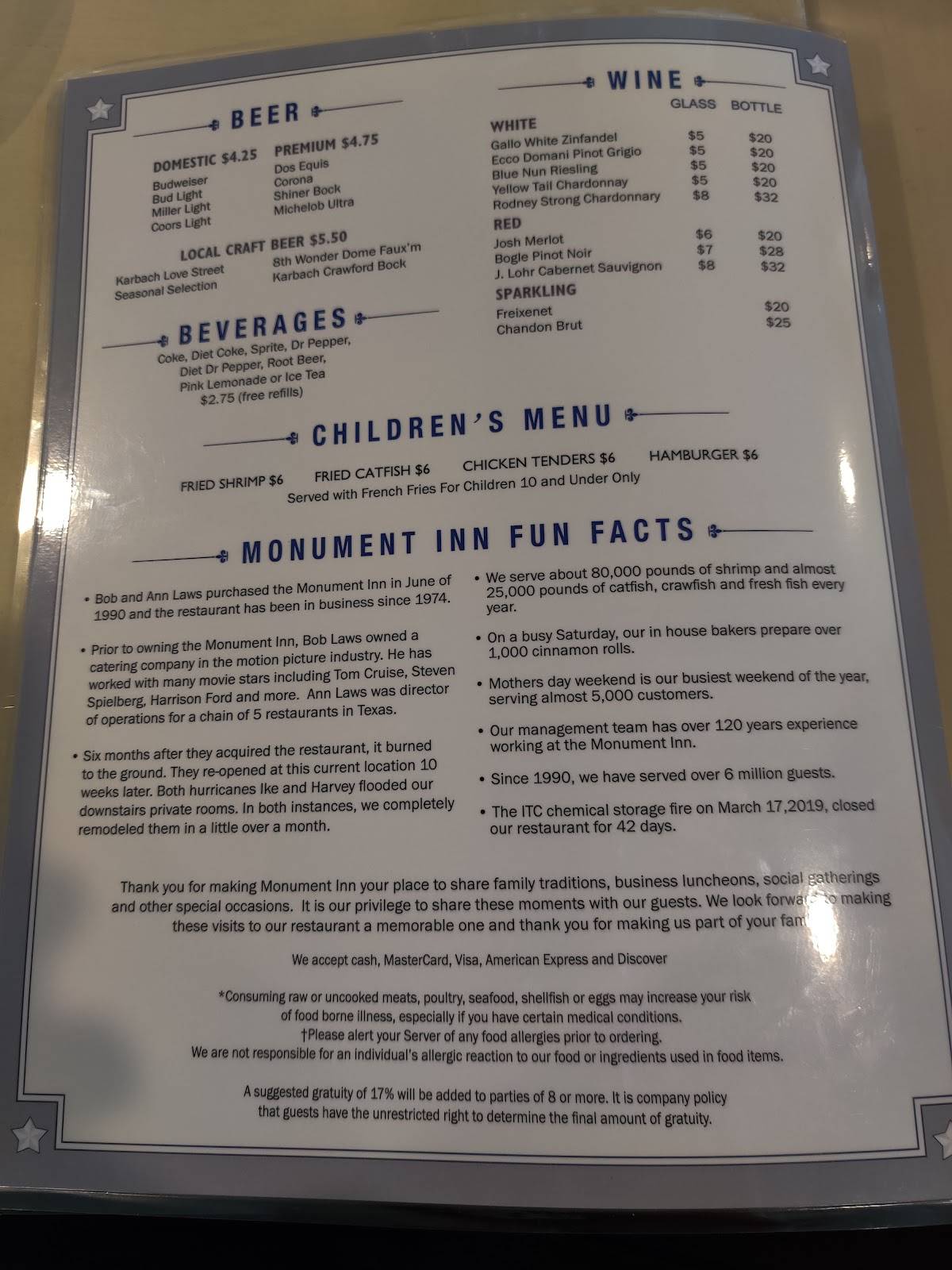 Menu at Monument Inn restaurant, La Porte, Independence Pkwy